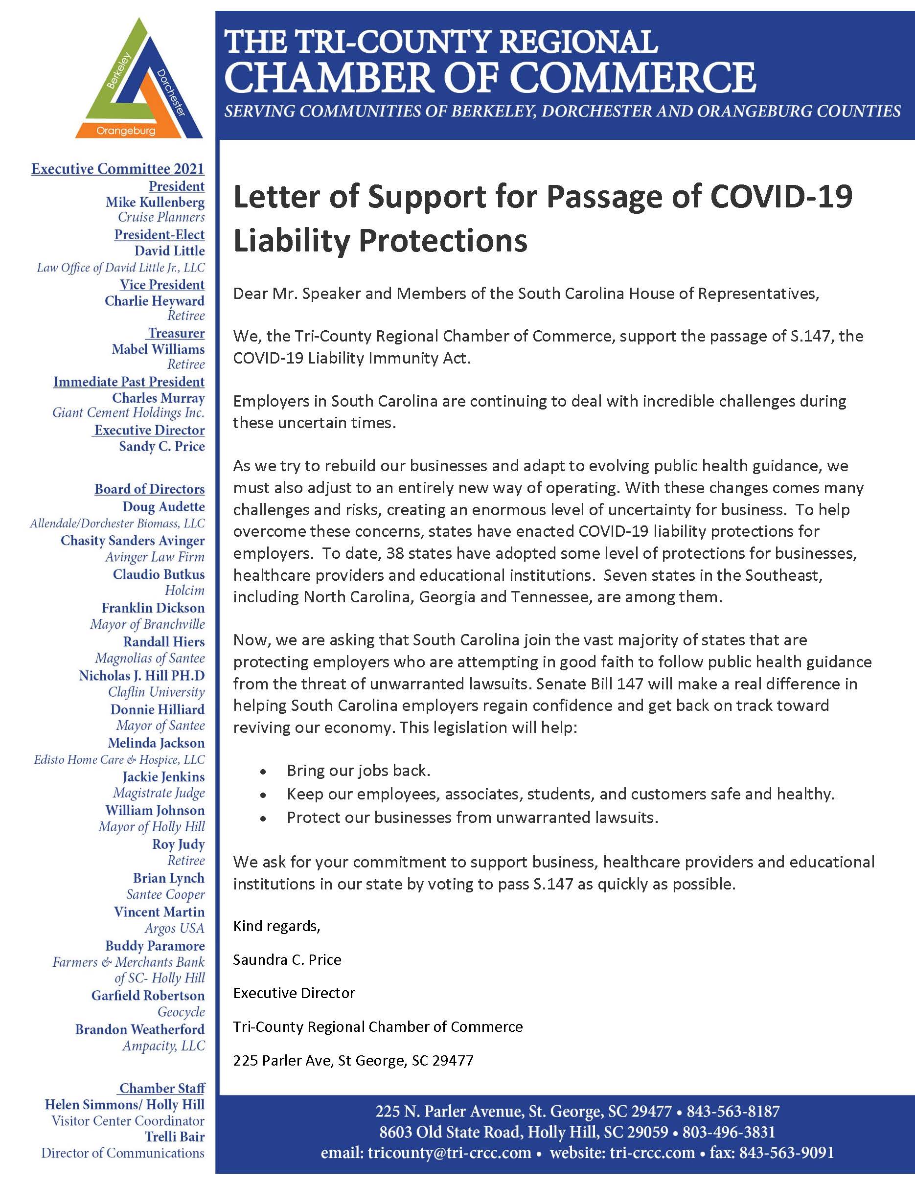 Letter of Support for Passage of COVID-19 Liability Protections - Tri ...