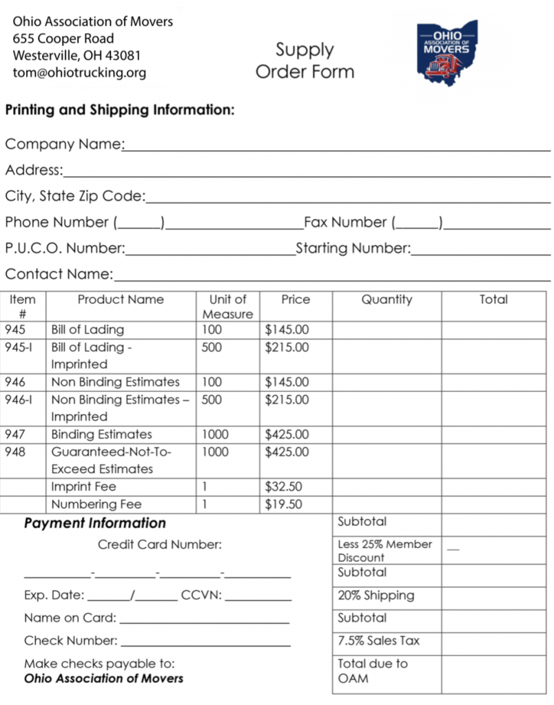 OAM Supply Order Forms - Ohio Trucking Association